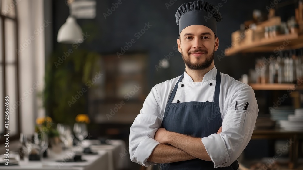 Smiling male chef standing with his arms crossed, wearing a traditional ...