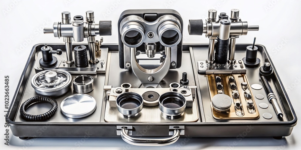 Assorted optometry tools including a phoropter, retinoscope ...