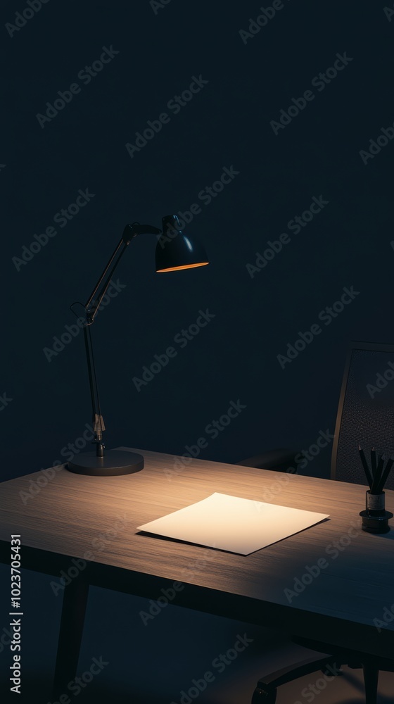 Empty office desk with a single resignation letter, dark lighting, copy ...