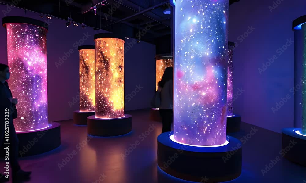 Vibrant illuminated columns displaying cosmic themes in an immersive ...
