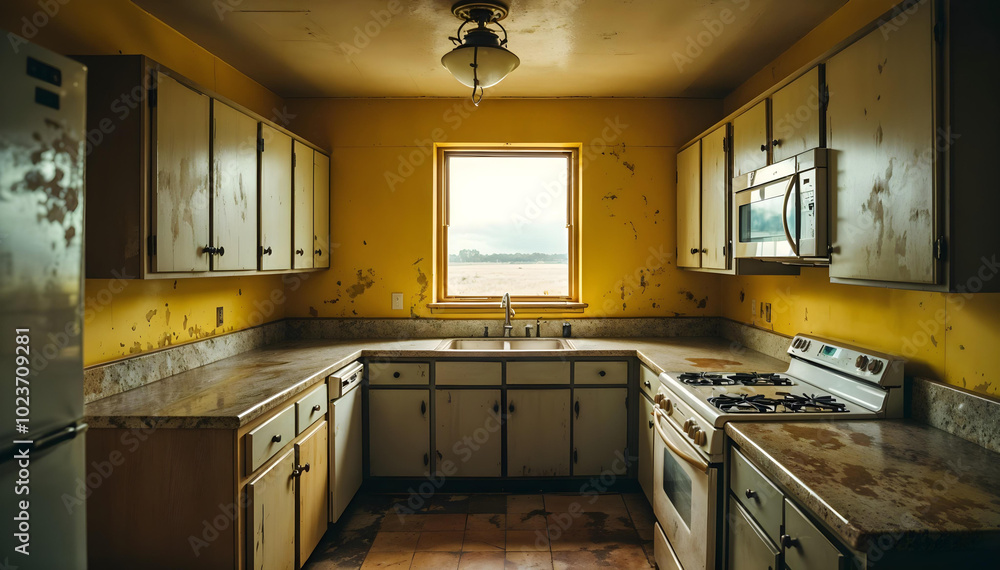 Abandoned kitchen with vibrant yellow walls and deteriorating cabinets ...