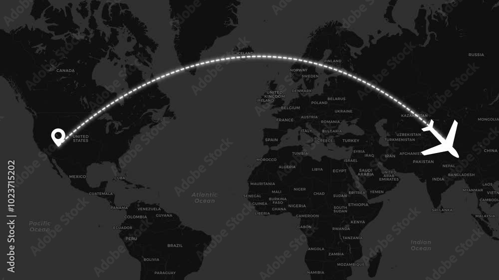 Airplane flight path animation on World map. Travel around the black ...