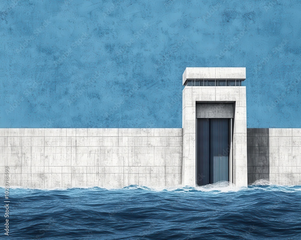 Blueprint-style rendering of flood gates in action during a hurricane ...