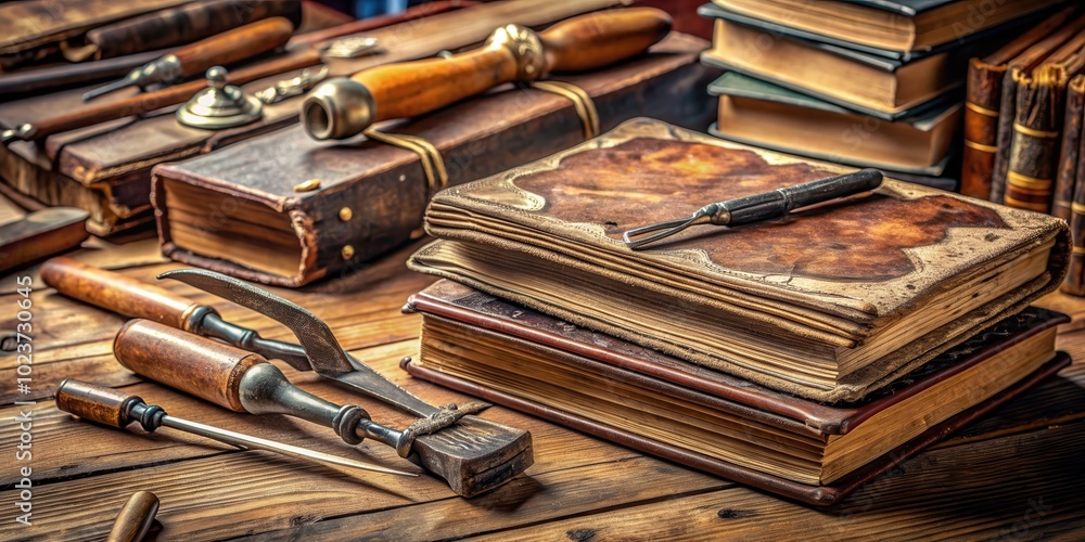 Restoration of antique books with tools and materials , vintage, repair ...