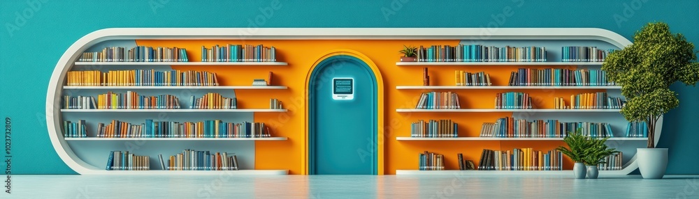 A futuristic urban library featuring digital bookshelves and ...