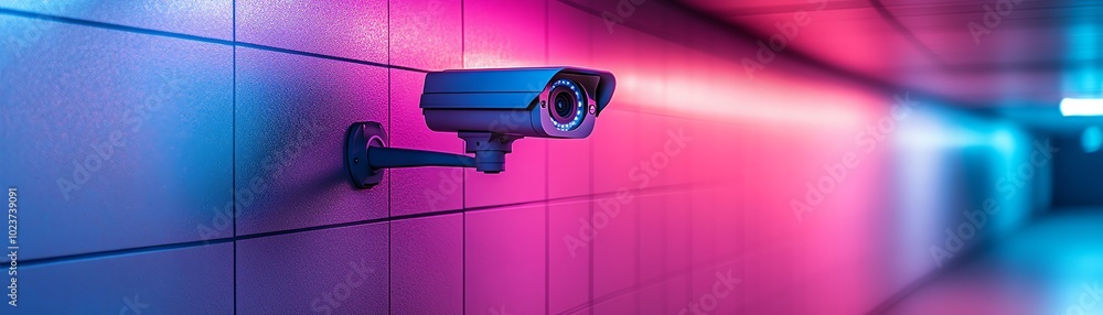 A modern security camera mounted in a vibrantly lit hallway, showcasing ...