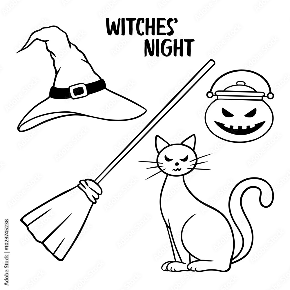 Vector Halloween witches night illustrations set with witch hat, broom ...