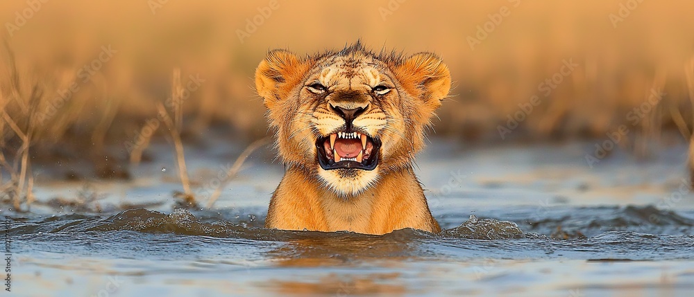 A lion cub emerges from the water with a ferocious roar, its teeth ...