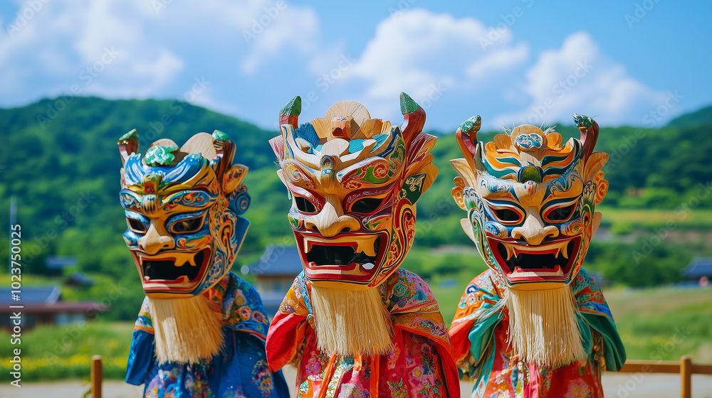 Andong Mask Dance Festival in Korea, dancers wear brightly colored ...