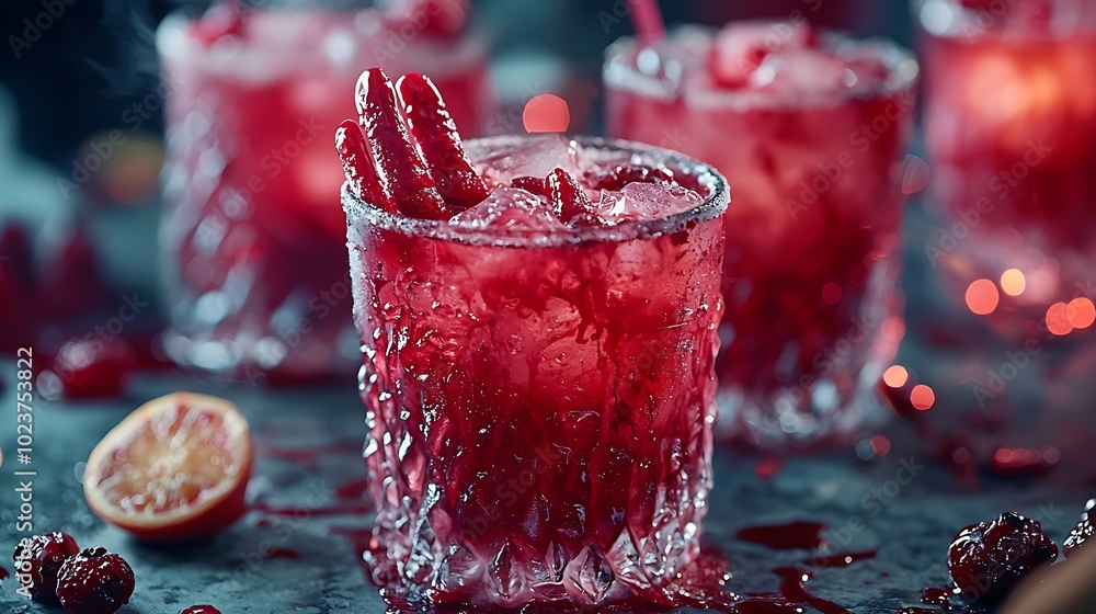Bloody hand punch, with an ice hand floating in red punch, creating a ...
