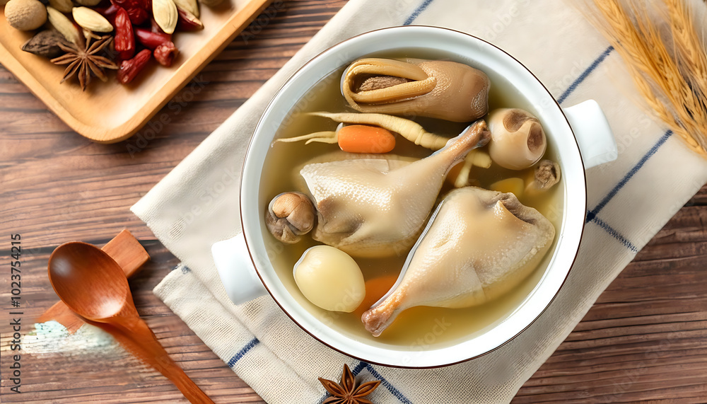 Wooden table background displaying nourishing ginseng pigeon soup Stock ...