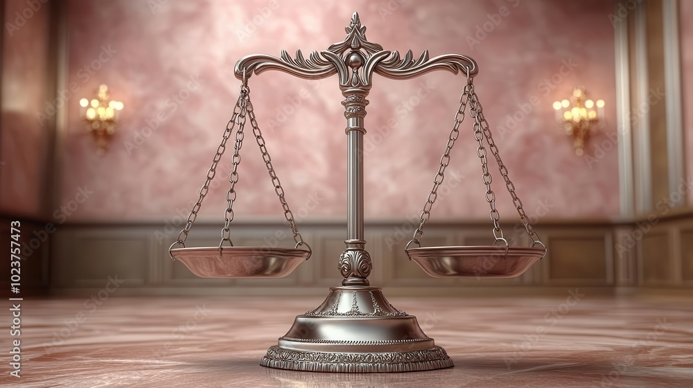 scales of justice set against the backdrop of an elegant court hall ...