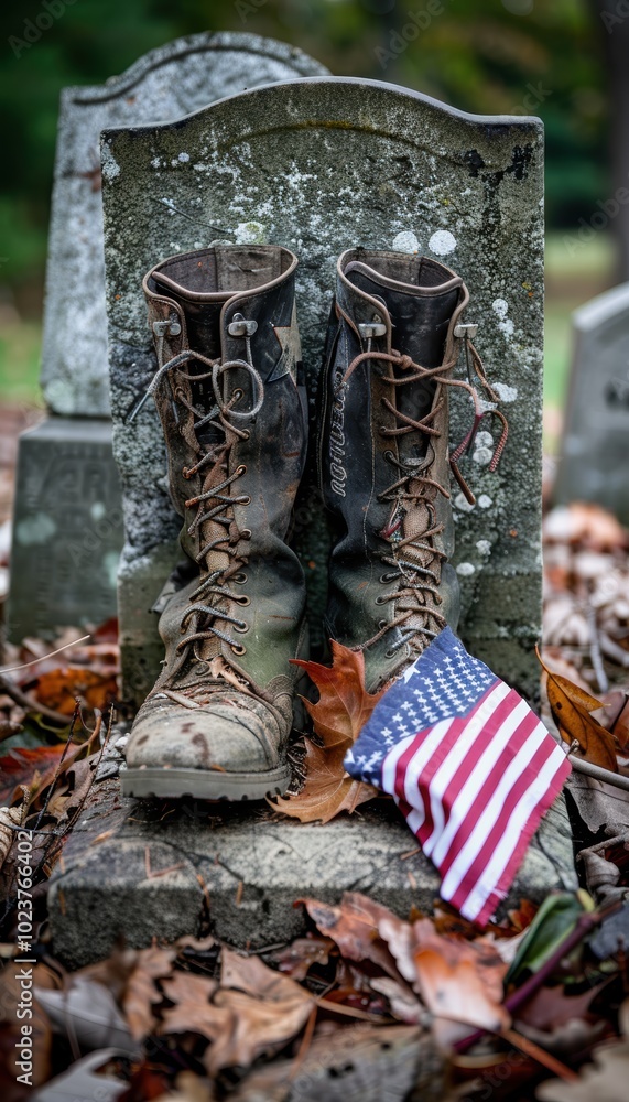 Military Boots and Memorial Gravestone with American Flag: Tribute to a ...