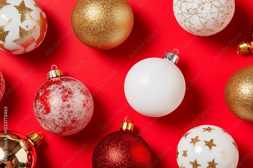 Christmas bauble repeating pattern in red white and gold baubles, foil ...