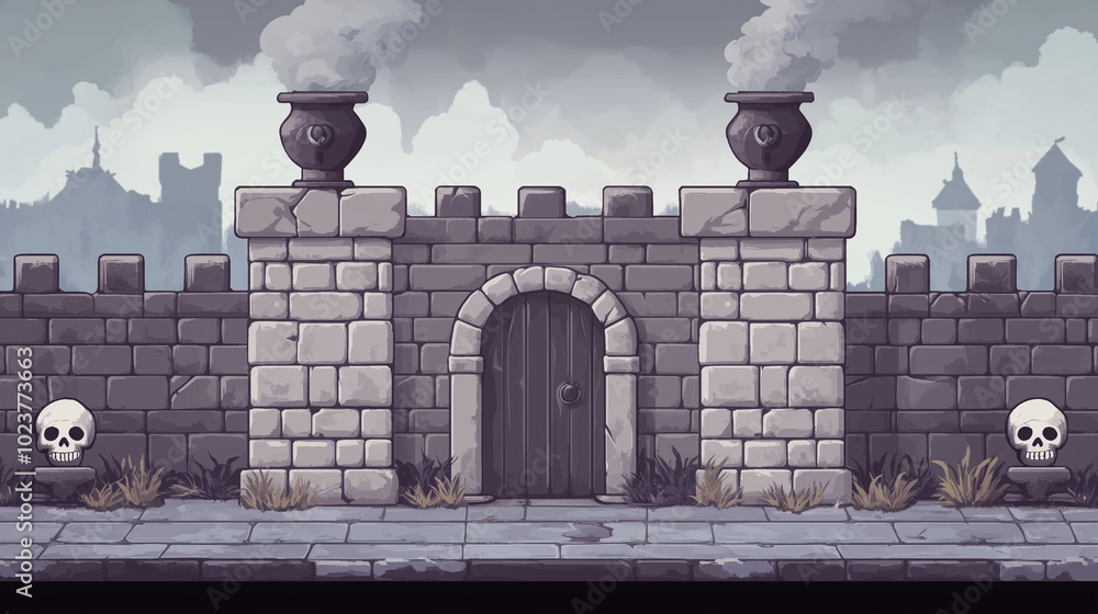 2D game art, side scrolling platformer level design with stone walls ...