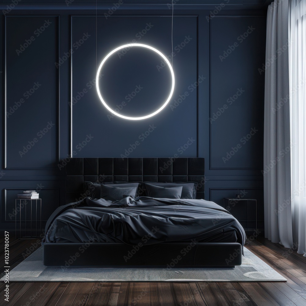 Modern bedroom interior design with a black theme featuring a circular ...