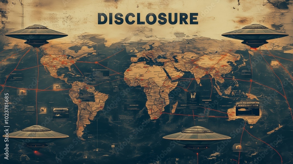 Multiple UFOs hover over a world map, symbolizing global alien ...
