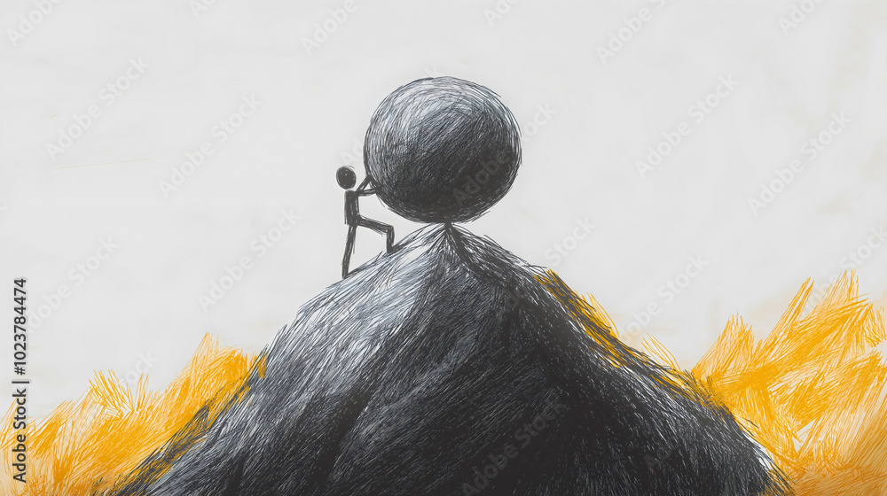 The drawing depicts a man who has pushed a boulder up a steep cliff to ...