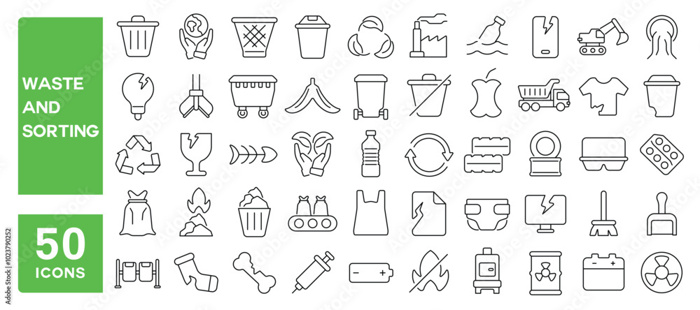 Poster Set of 50 line icons related to waste and sorting, recycling ...
