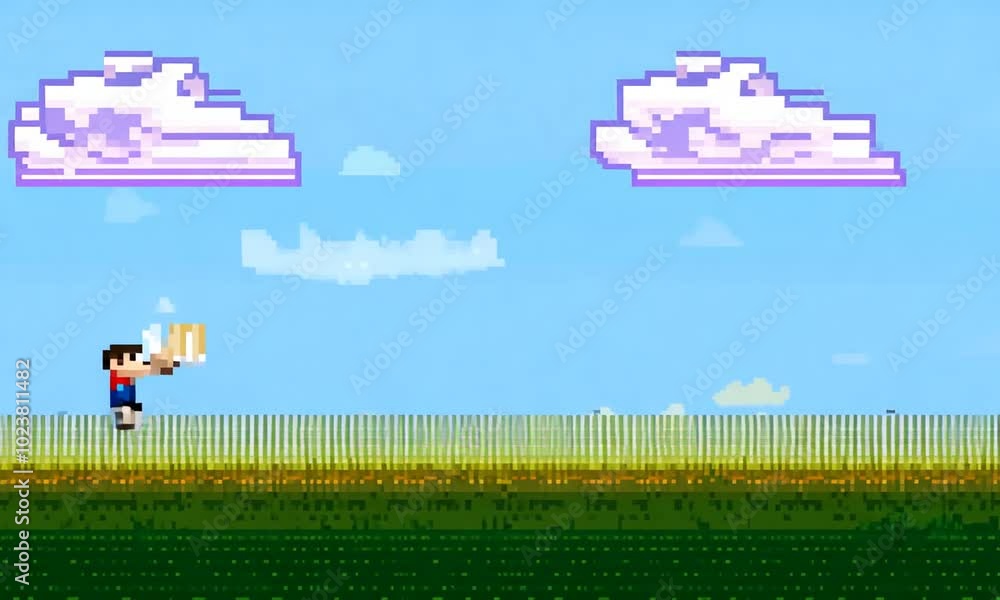 Retro pixel art video game background with a character running under a ...