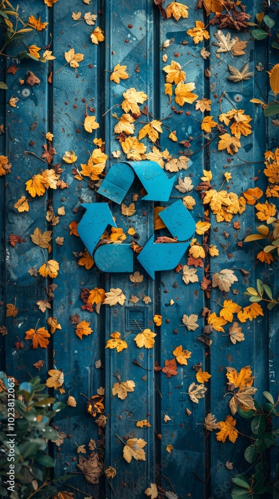 Blue recycling symbol on a rusty metal background covered with yellow ...