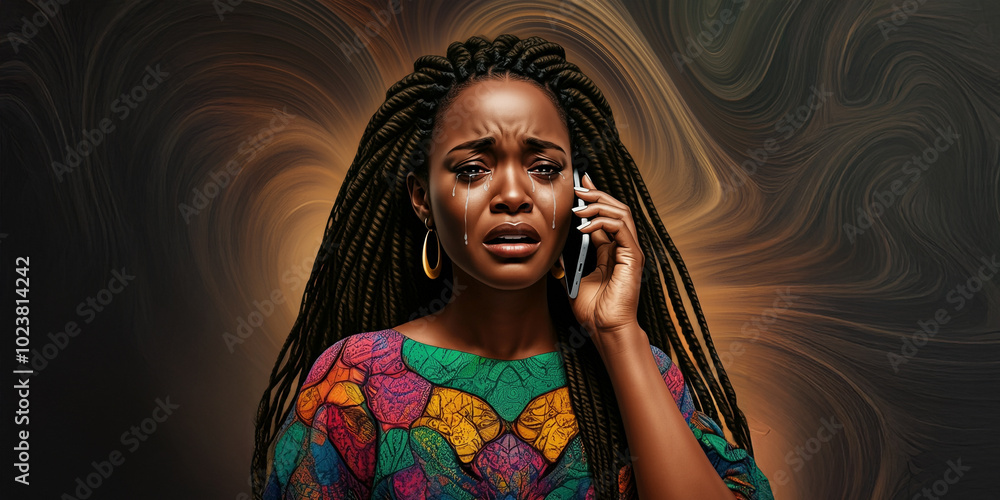 Black Woman Crying on His Cell Phone, Emotion Face Reaction, Sad Tears ...