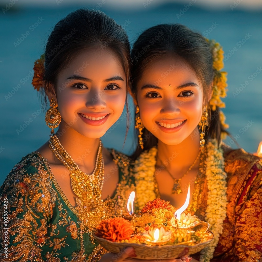 Krathong Floating Tradition: Thai Woman in Traditional Costume Holding ...