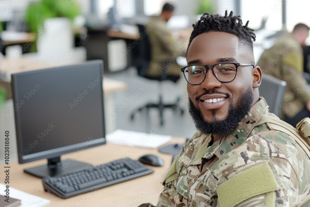 Soldier with smile, confidence and pride at army building, arms crossed ...