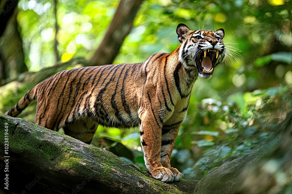 Saber-toothed Tiger Hunting in a Lush Mountain Forest During the Early ...