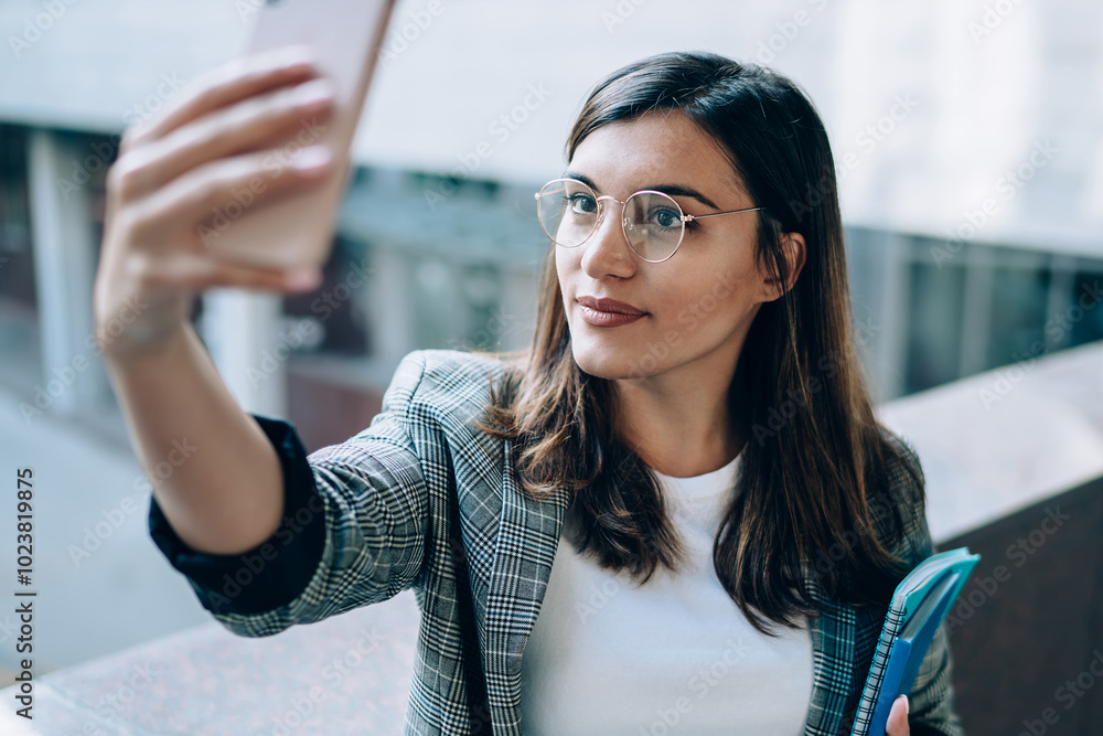 Attractive millennial hipster girl in stylish eyewear clicking selfie ...