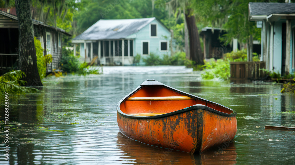 Devastating flood waters engulf a residential area, leaving a lone ...