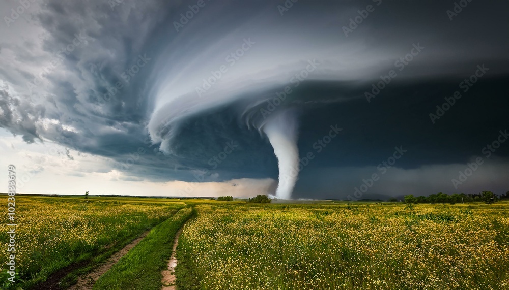 A tornado forming and touching down on the ground; a sinister tornado ...