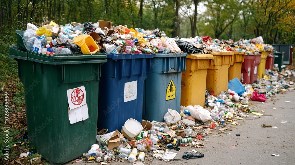 Assortment of waste bins holds various garbage types. Recycling ...