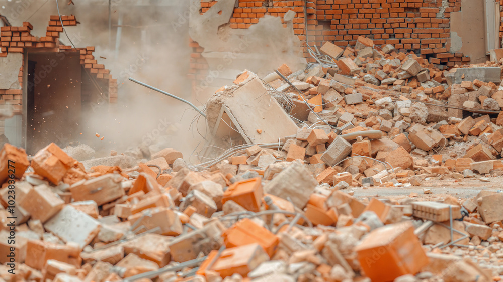 Demolition aftermath rubble and debris from a collapsed brick building ...