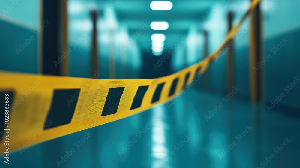 Yellow caution tape stretches across a dimly lit corridor, creating a ...