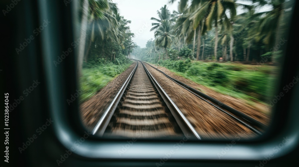 The view from a train window shows a railway track stretching into the ...