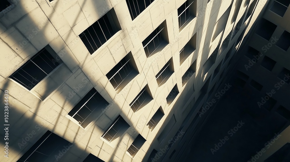 Perspective view of a tall residential building with repetitive ...