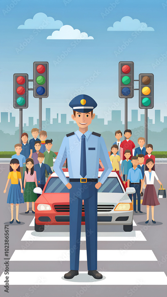 Graphic flat design drawing policeman on crossing path near traffic ...