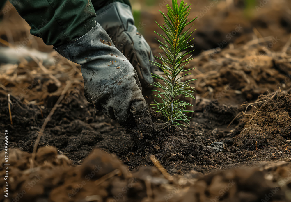 Person is planting a tree in the dirt. The person is wearing gloves and ...
