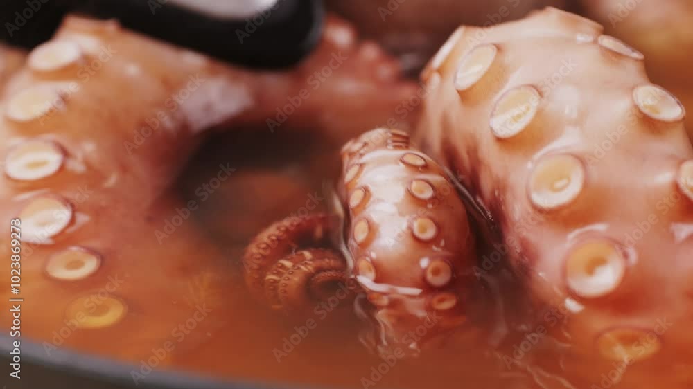 Octopus cooking, chef Boiling fresh octopus on restaurant kitchen ...