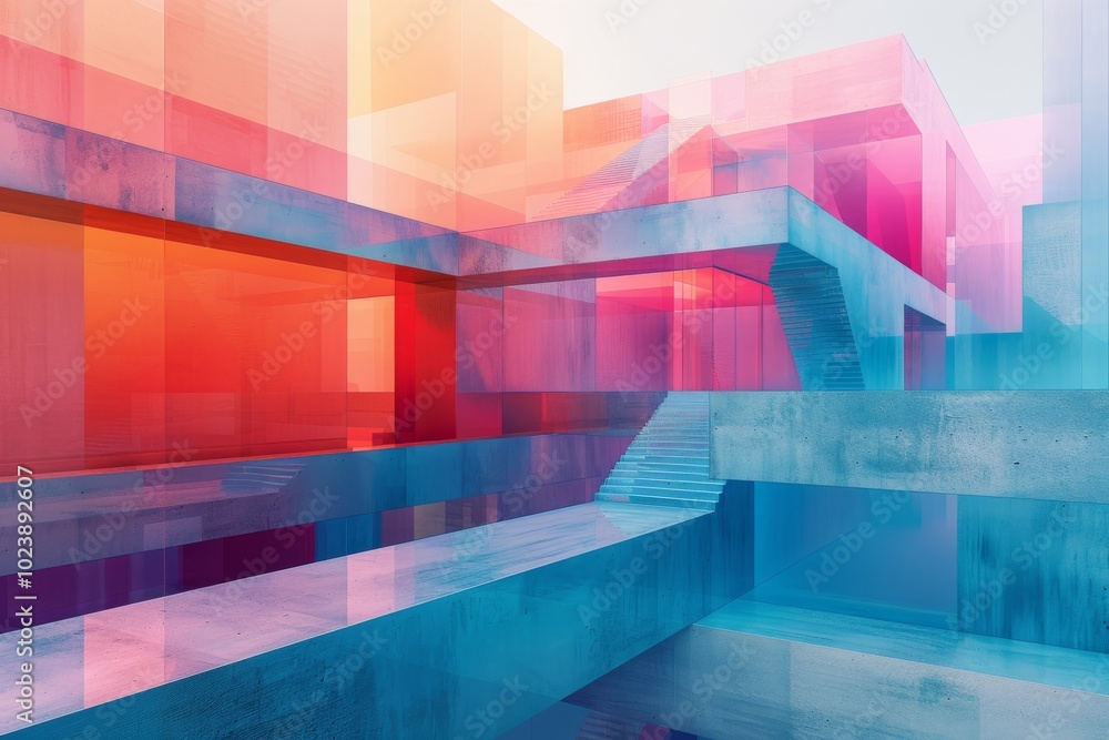 Abstract Bauhaus architecture, minimalist fantasy, pinks, oranges ...