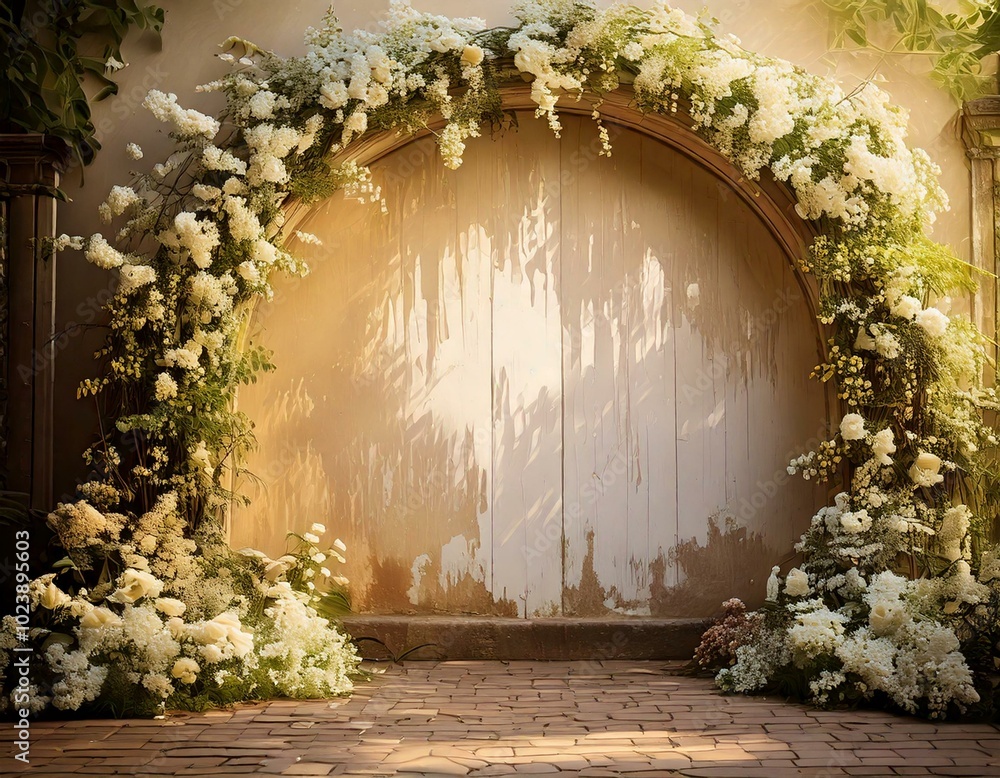photography backdrop an arch of flowers with a vintage wall background ...