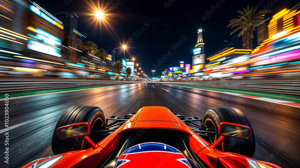 Orange Formula 1 british racing car in the streets of Las Vegas at ...