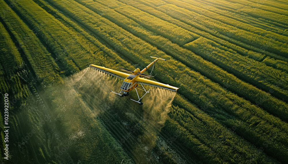 Yellow airplane is flying over a field, spraying it with a white ...