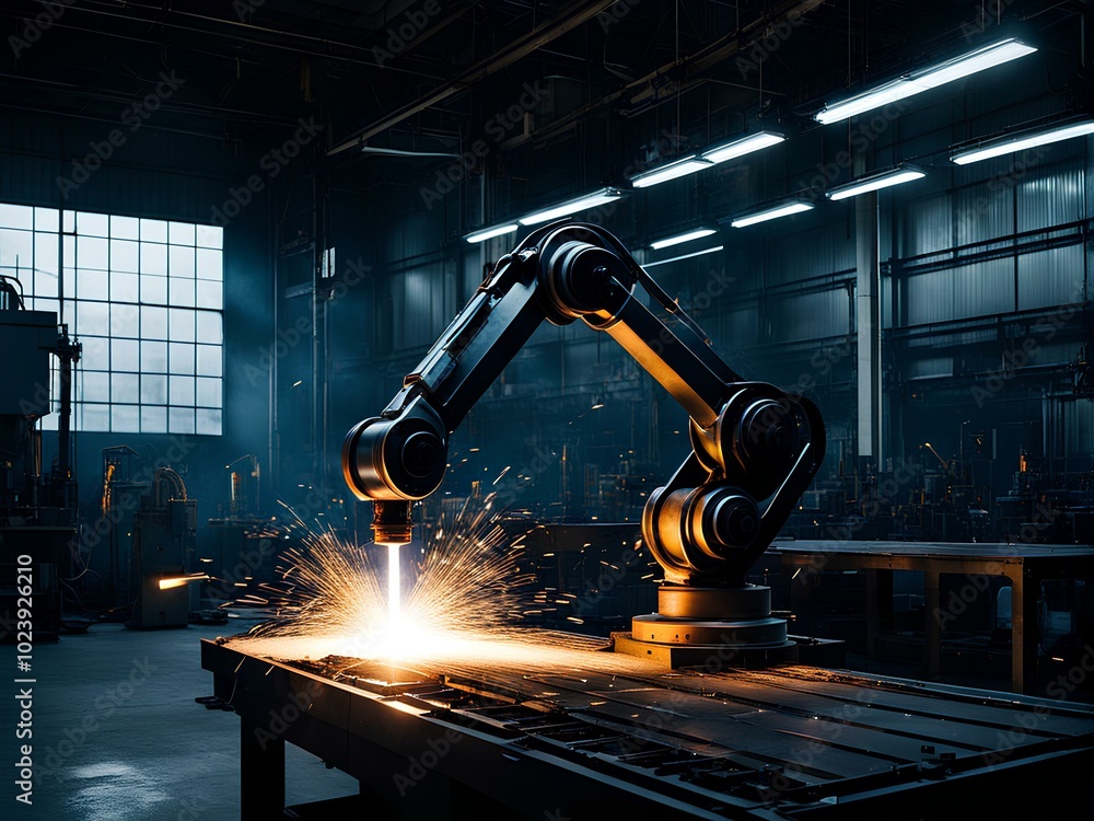 Generative AI illustration of robotic arm welding with glowing light in ...