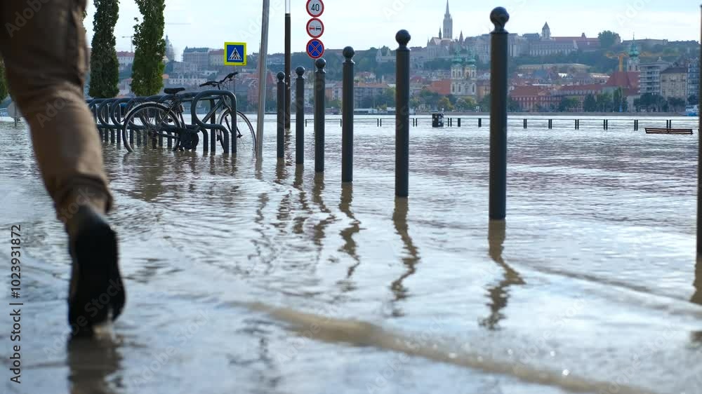 Man navigating a flooded city street. Man wearing casual clothing walks ...