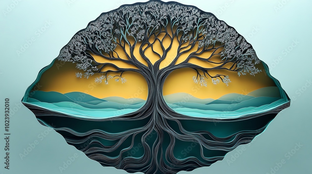 Symmetrical paper cut tree of life with mirrored branches and roots ...
