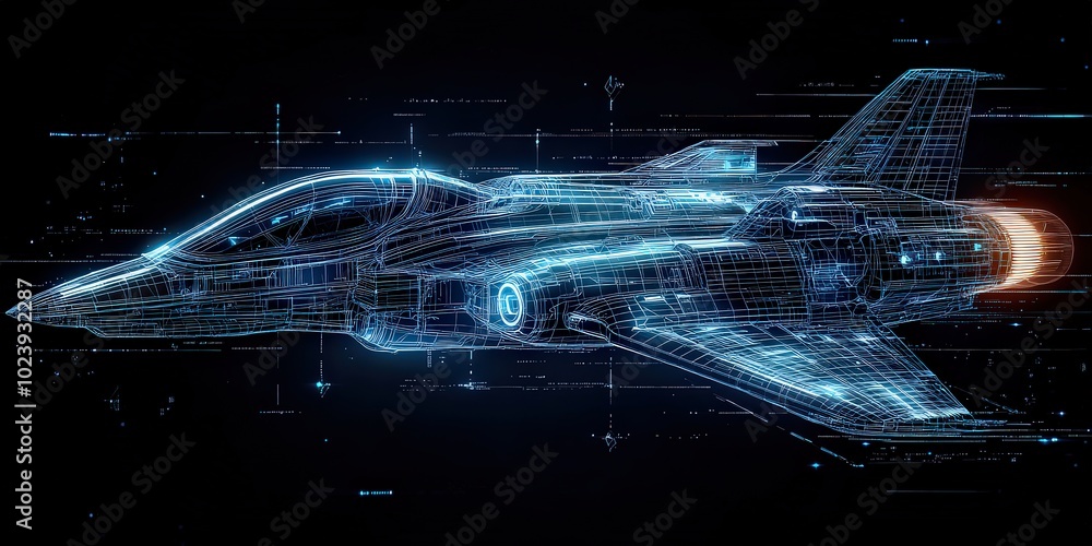 glowing wireframe model of a futuristic spaceship with sharp lines ...