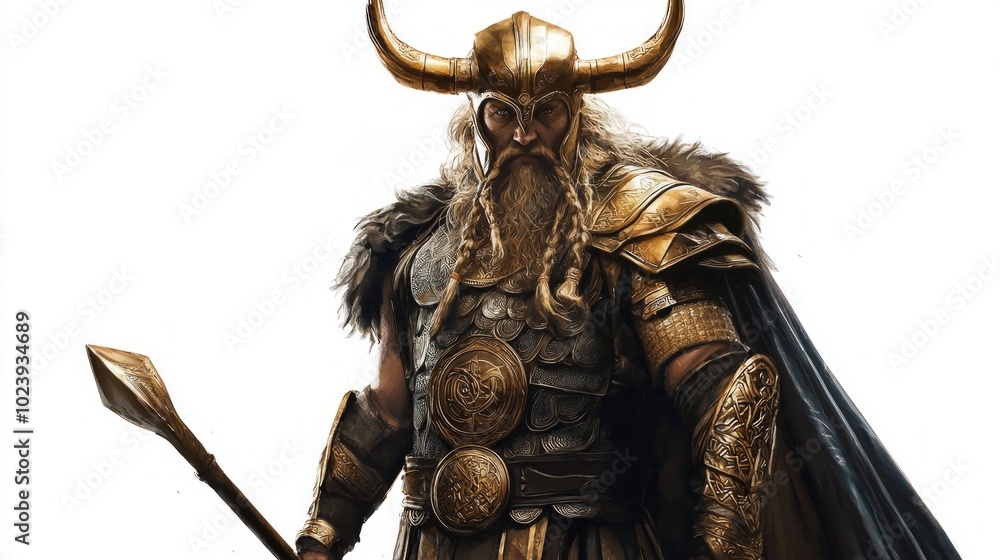 Depicted in realistic detail Heimdall the Scandinavian god wears ornate ...
