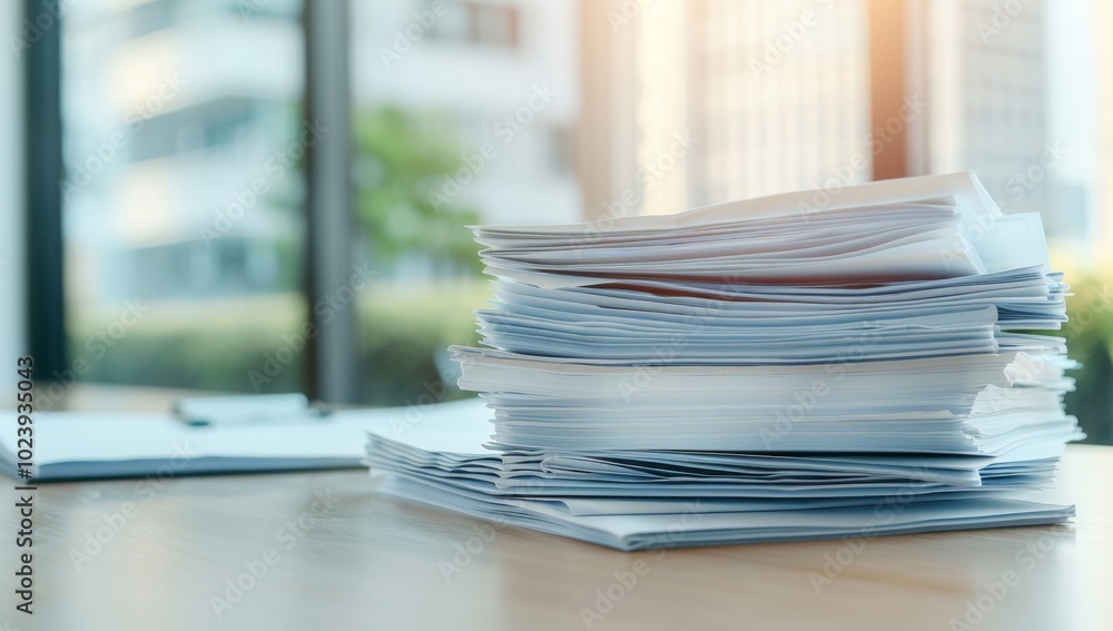 A stack of papers on an office desk, representing the heavy effort and ...
